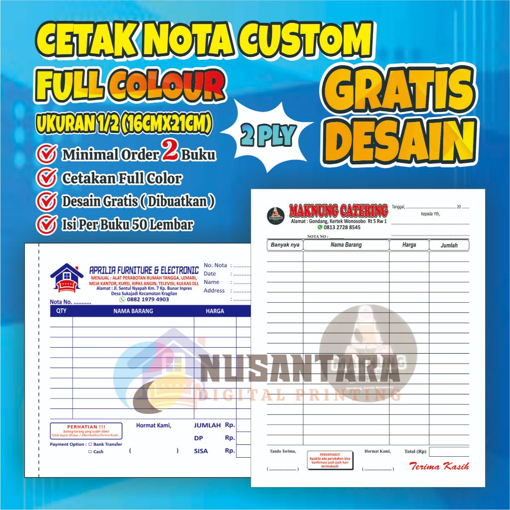 Jual Cetak Nota Custom Full Colour 2 Ply Ukuran 1/2, Cetak Nota Nama ...