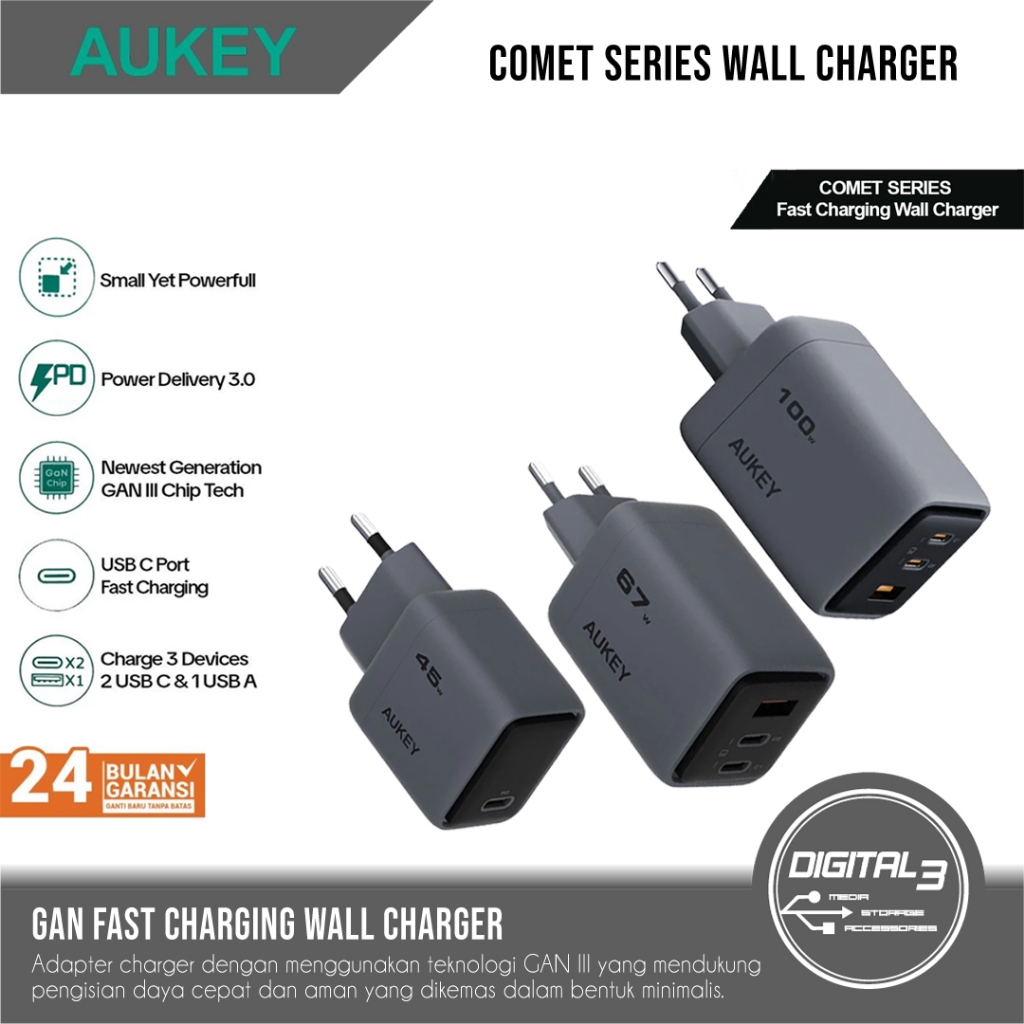 Jual AUKEY PA-C2 45W / PA-C3 67W / PA-C5 100W Wall Charger Adapter GAN ...