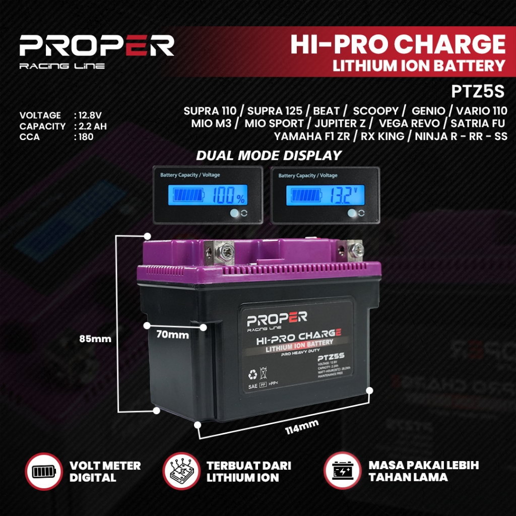 Jual PROPER RACING LINE AKI BATERAI LITHIUM ION BATTERY PTZ5S 12.8V/2 ...