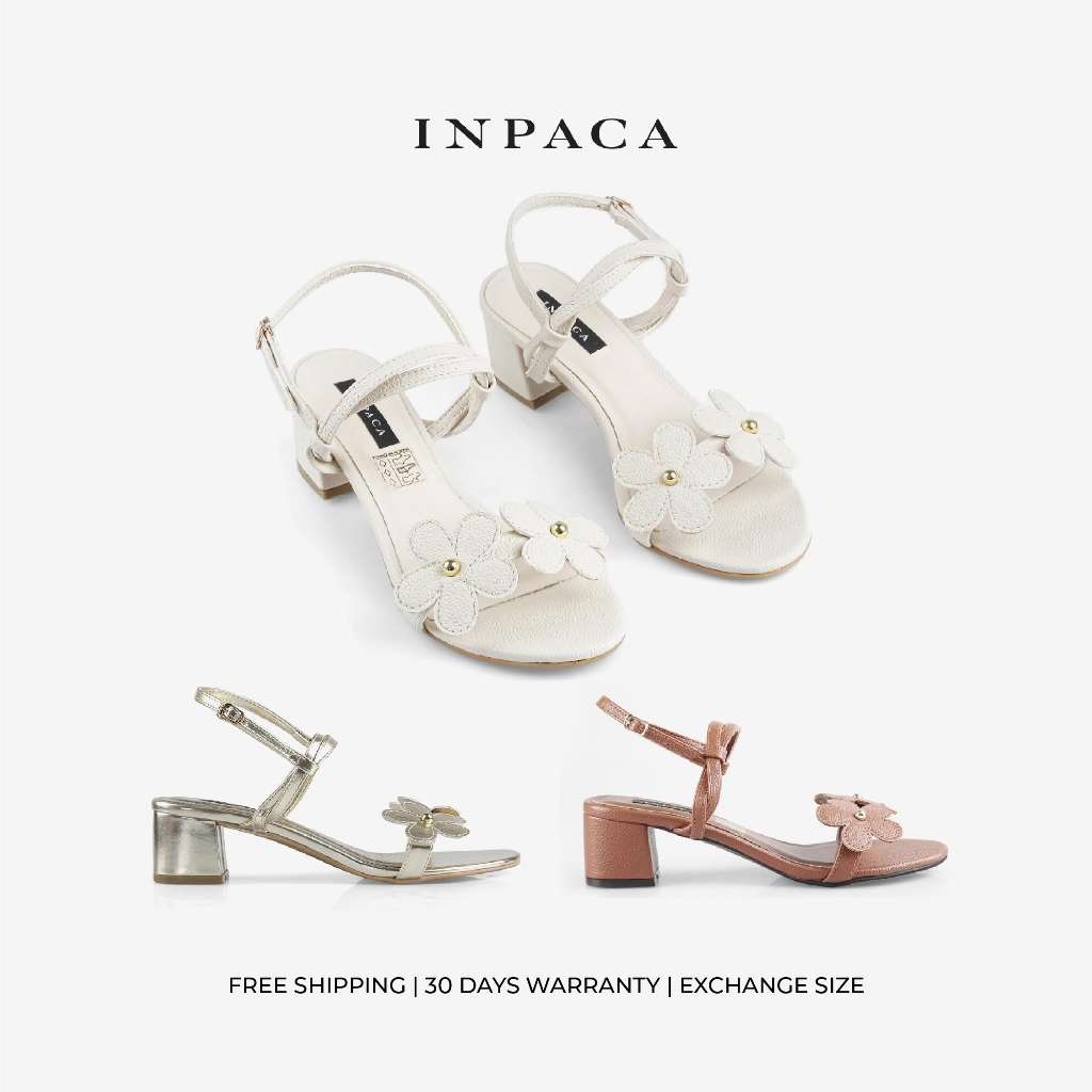 Jual INPACA Daisy Block Heels Bunga Metalik Metallic Leather Hak Kotak ...