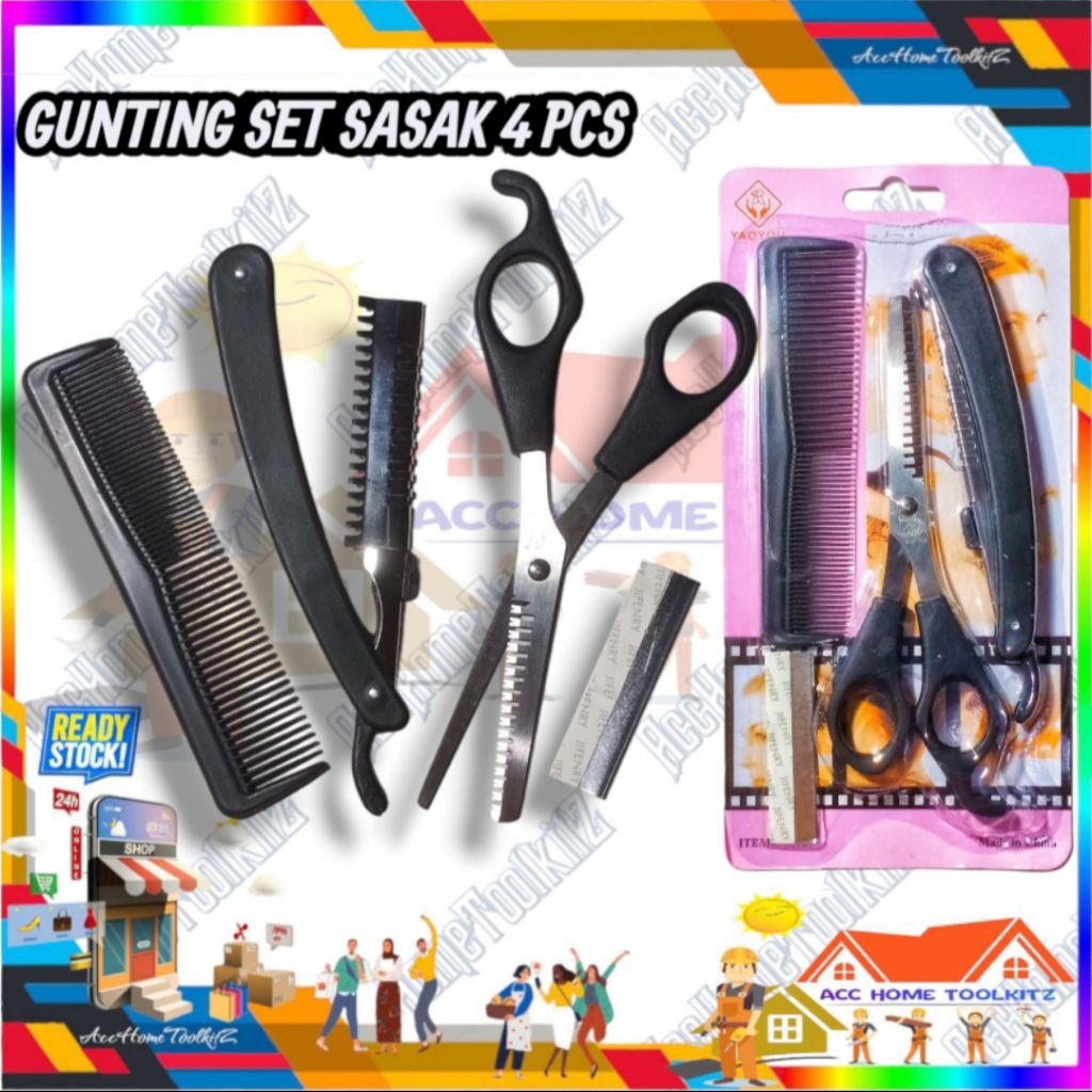 Jual Gunting Potong Rambut Tajam Set 4 Pcs Pink Gunting Sasak + Cukur ...