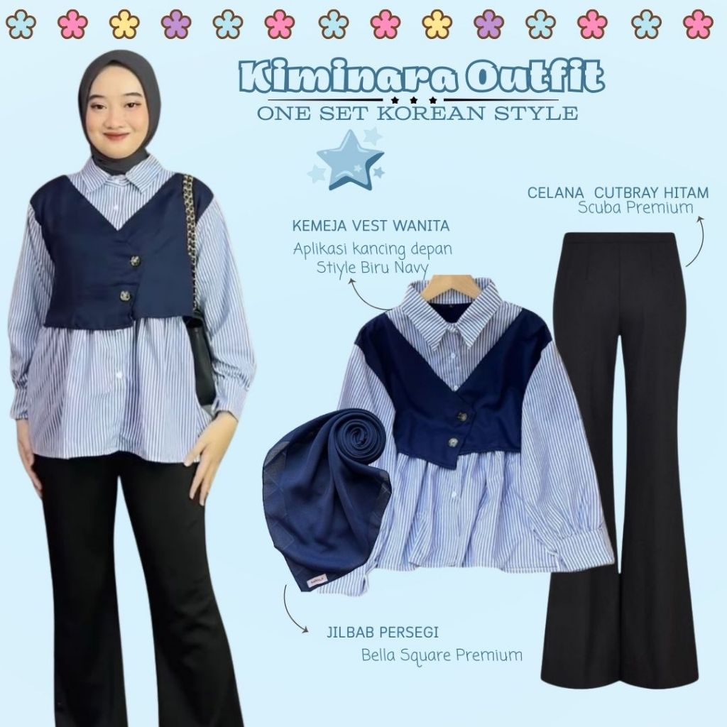 Jual One Set Wanita Kekinian 3 in 1 (Kemeja Vest + Celana Cutbray ...