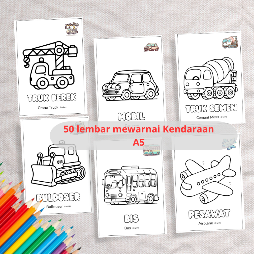 Jual Paket Mewarnai Anak 50 Lembar Mewarnai Kendaraan | Shopee Indonesia