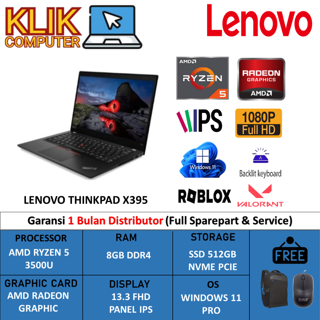 Jual Laptop Lenovo Thinkpad X395 Amd ryzen 5 Pro 3500U ram 8gb ssd ...