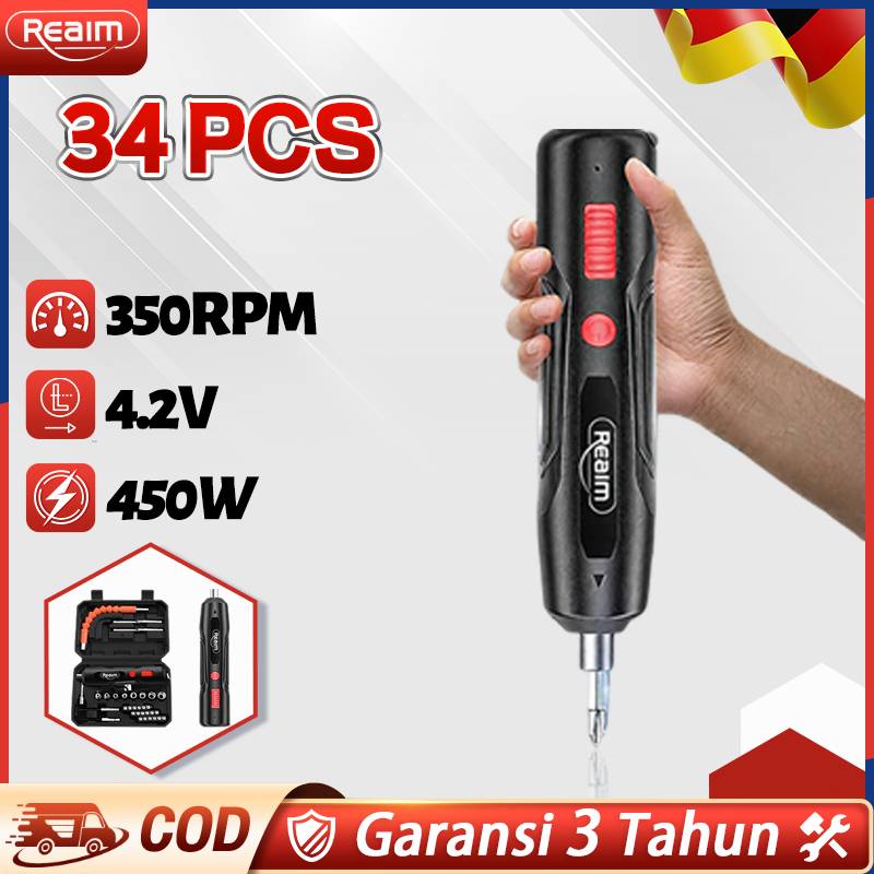 Jual REAIM Cordless Screwdriver 4.2V Mesin Bor Cordless Mini 34Pcs Set ...