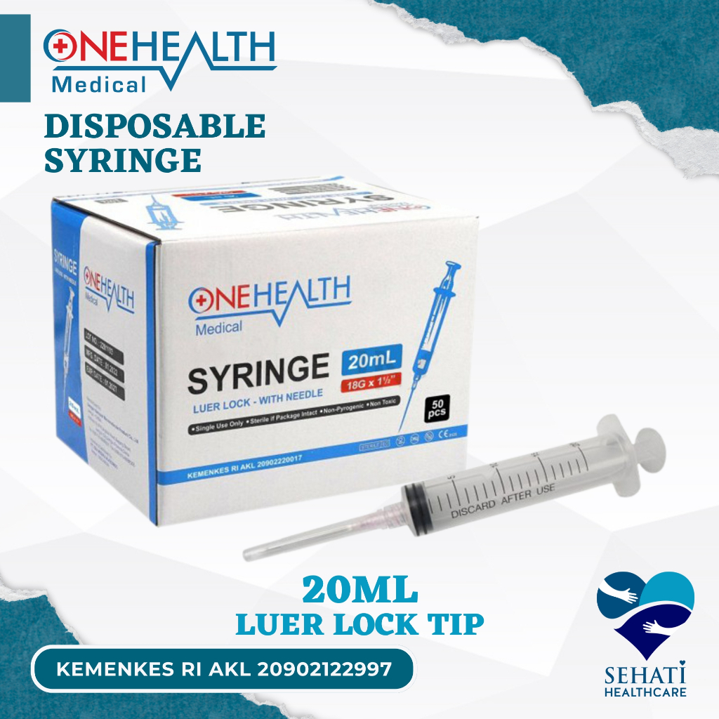 Jual OneHealth Syringe With Needle 20 ml cc Luer Lock Tip Teknik Dengan ...