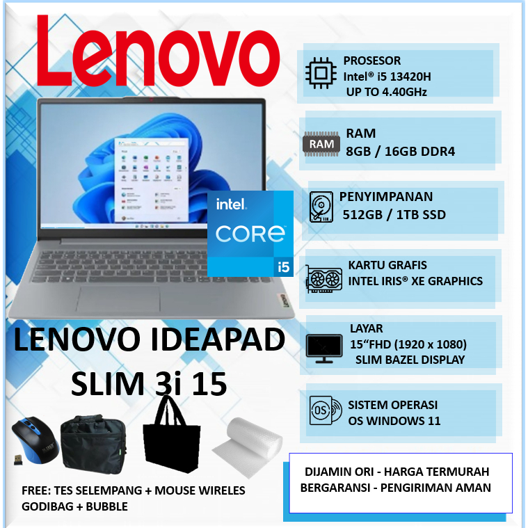 Jual Laptop LENOVO IDEAPAD SLIM 3i 15 Intel i5 13420H 8GB 1TB SSD Intel ...