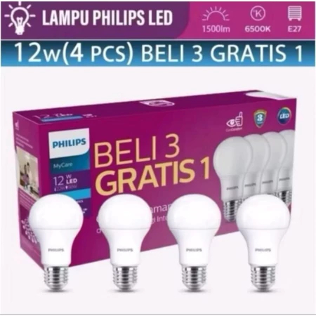 Jual Philips LED Bulb 12W E27 3000K Putih 4 pcs,perlindungan mata ...
