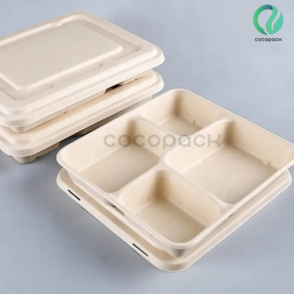 Jual Kotak Makan Bento Paper Box 4 Sekat 1200ML Bagasse Food Box 1200ML Eco Friendly Ramah ...