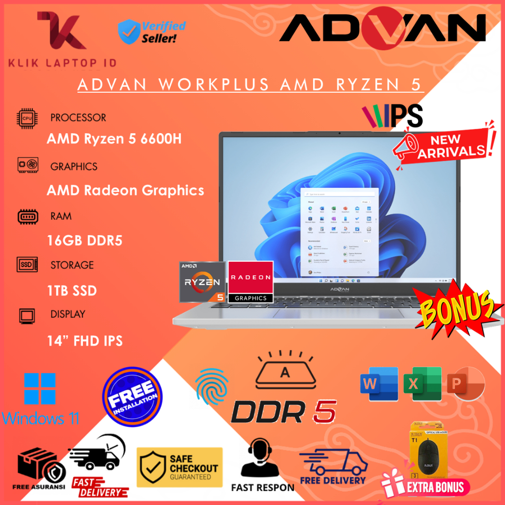Jual Laptop ADVAN Workplus AMD RYZEN 5 6600H 14'' FHD IPS 16GB 512GB ...