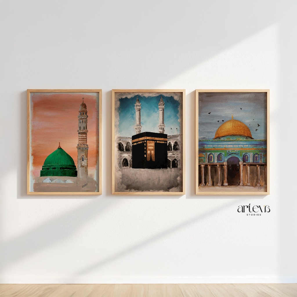 Jual 1 Set 3 Lukisan Abstract Landmark Islam Kabah Mekah, Kubah Emas ...