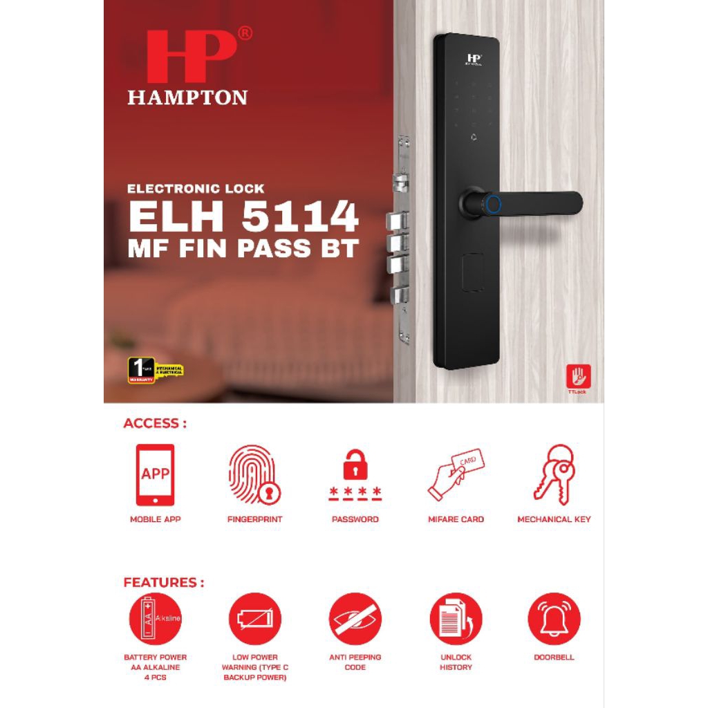 Jual HAMPTON/Smart Lock Door/Digital/Fingerprint/ELH 5114/Black ...