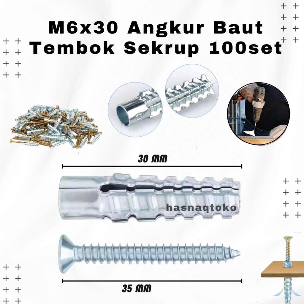 Jual 100set Angkur Baut Tembok 6x30mm Expansion Anchor Skrup Pengait ...
