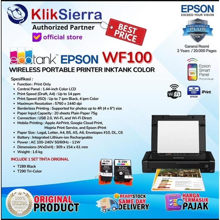 Jual Printer EPSON WF100 Mobile Portable Inktank Color Hi-Speed USB ...