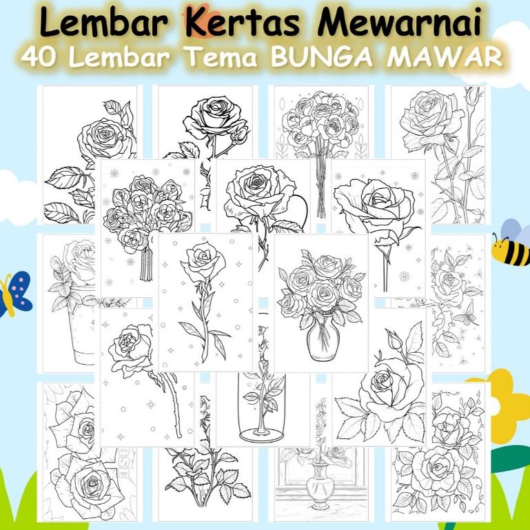 Jual Kertas Gambar 40 Lembar - Kertas Mewarnai Tema BUNGA MAWAR ROSE ...