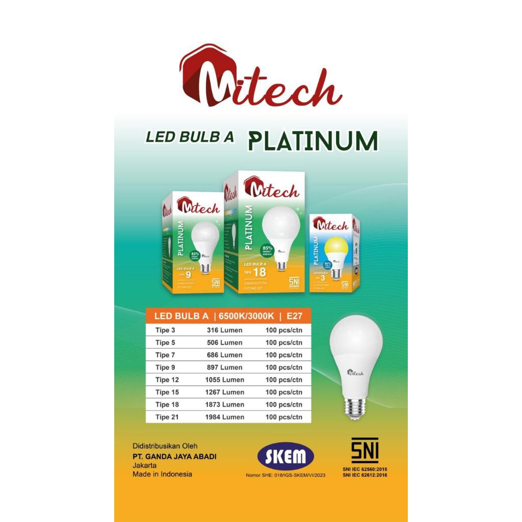 Jual MITECH PLATINUM A BULB BOHLAM LAMPU LED CAHAYA KUNING 3000K WARM ...