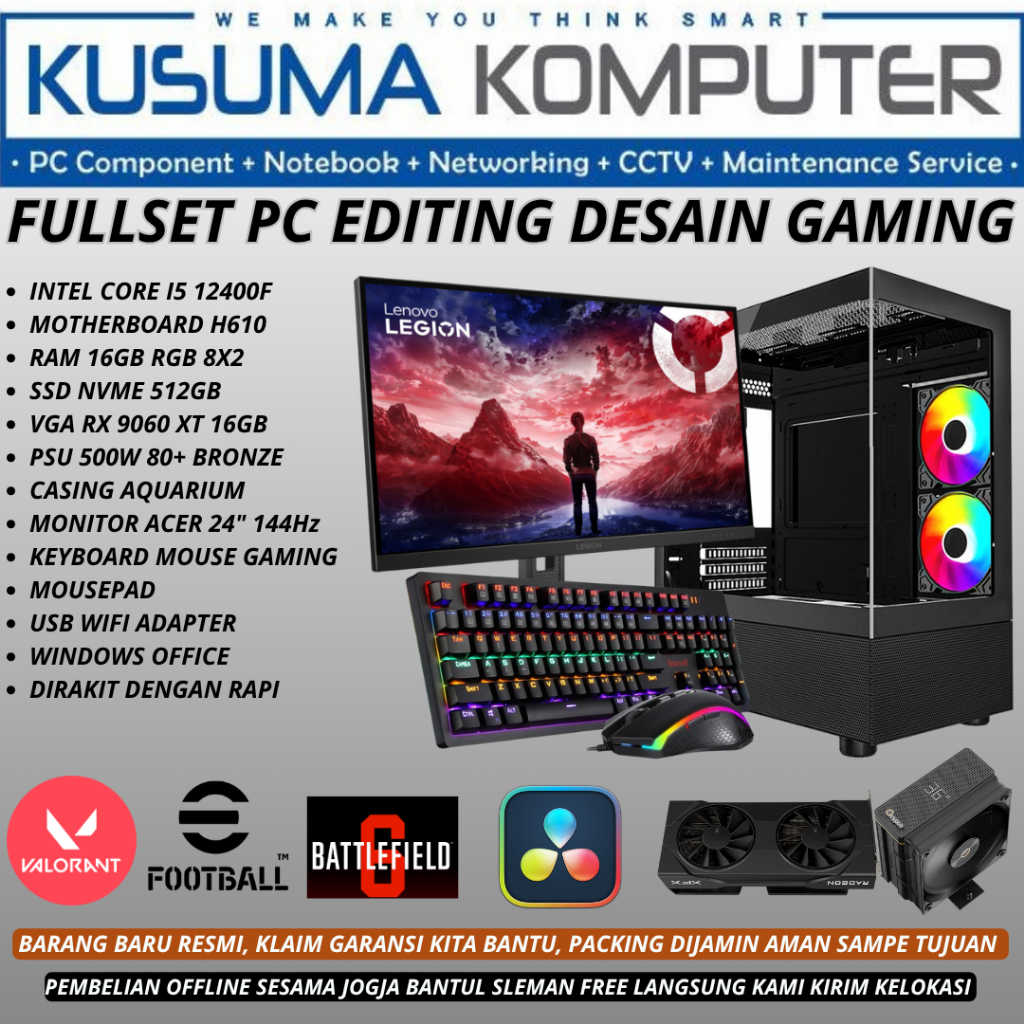 Jual Full Set Fullset PC Gaming Desain Monitor 24" 144Hz VGA RX 9060 XT ...