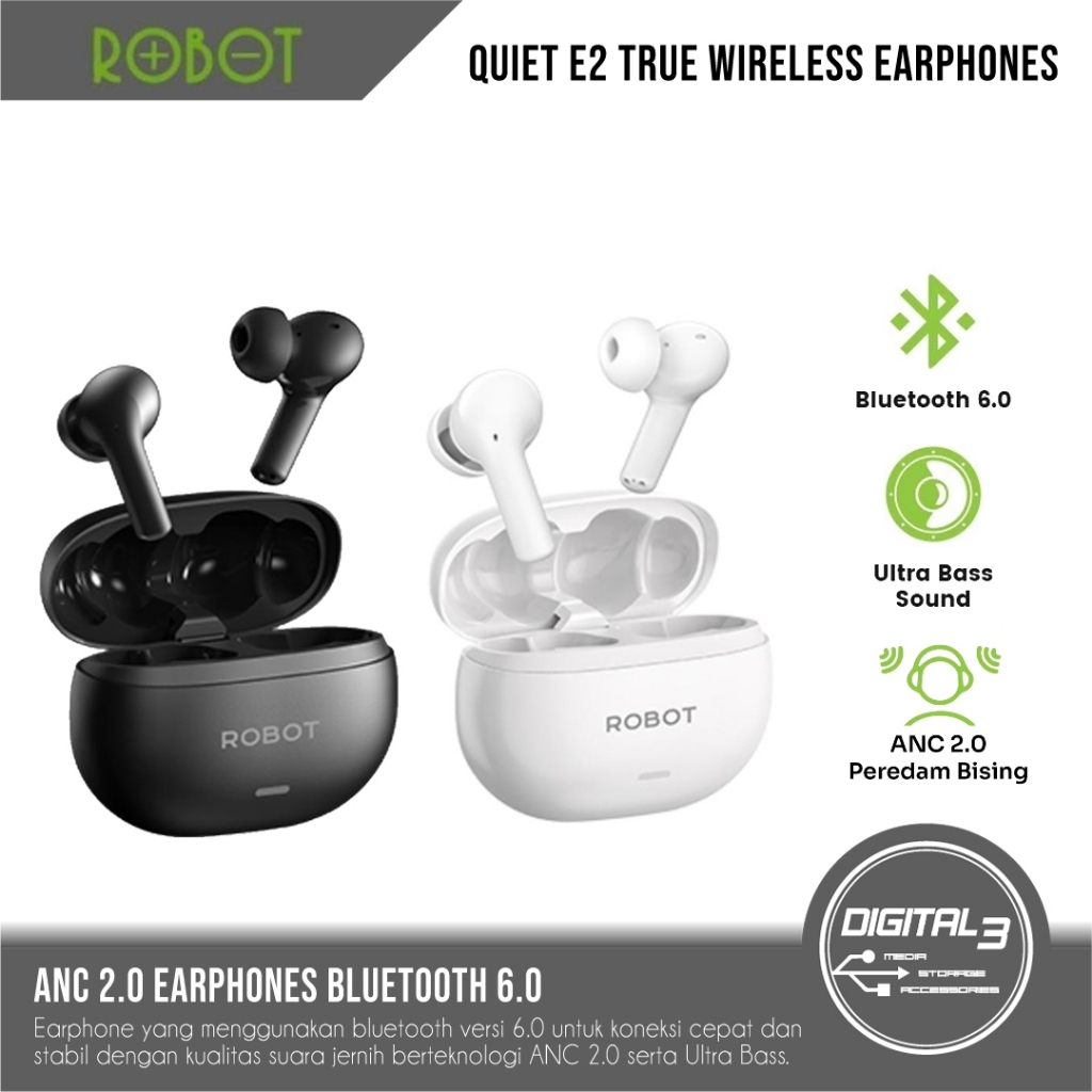 Jual ROBOT Quiet E2 In-Ear TWS Earbuds Bluetooth 6.0 Ultra Bass ANC 2.0 ...