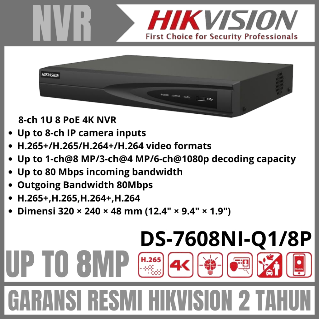 Jual HIKVISION DS-7608NI-Q1/8P NVR 8 CH 1U POE 4K NVR 8 CHANNEL UP TO 8MP IP CAMERA | Shopee ...