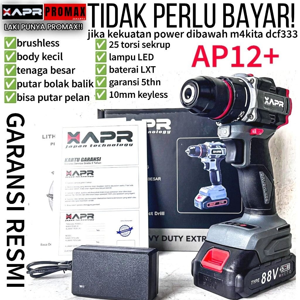 Jual PROMO AP12+ APR BOR CORDLESS DRILL BRUSHLESS 10MM BOR LISTRIK BESI ...