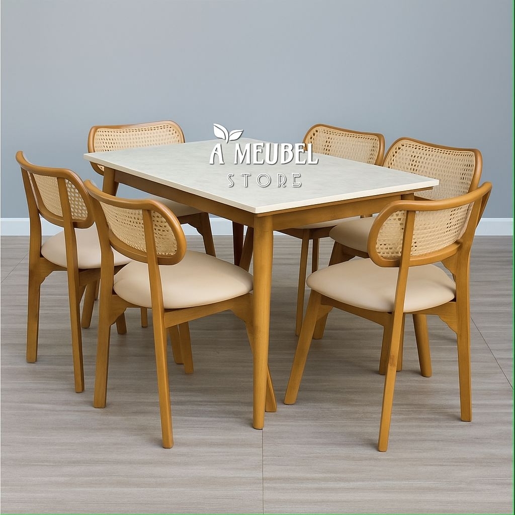 Jual DINNING SET MEJA TOP TABLE MARMER KOMBINASI 6 KURSI MODEL ROTAN ...