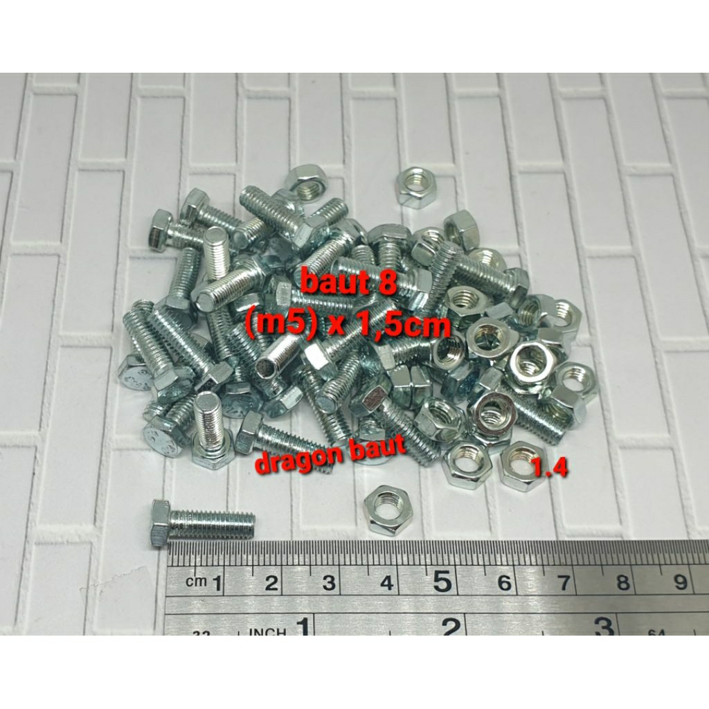 Jual (paket 100 set ) baut 8 (5mm) x 1,5cm + mur (BMP) | Shopee Indonesia