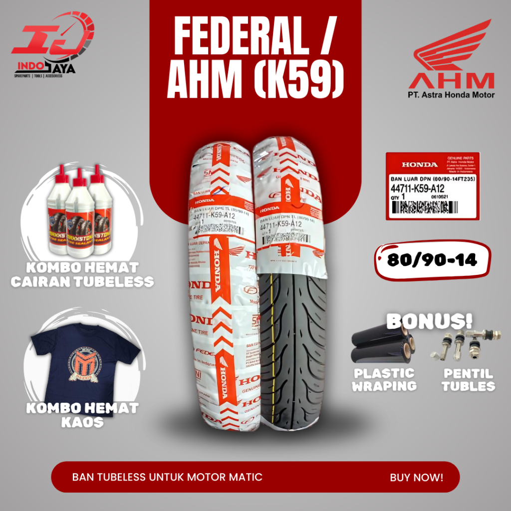 Jual [COD] (BEST SELLER) BAN AHM FEDERAL TUBELESS ( 80/90-14 ) BAN MOTOR MATIC HONDA BEAT POP ...