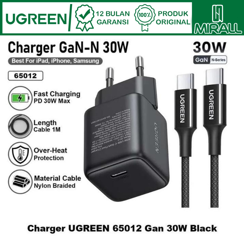 Jual UGREEN 65012 65013 Type-C Gan N Charger 30w with Type-C Cable ...