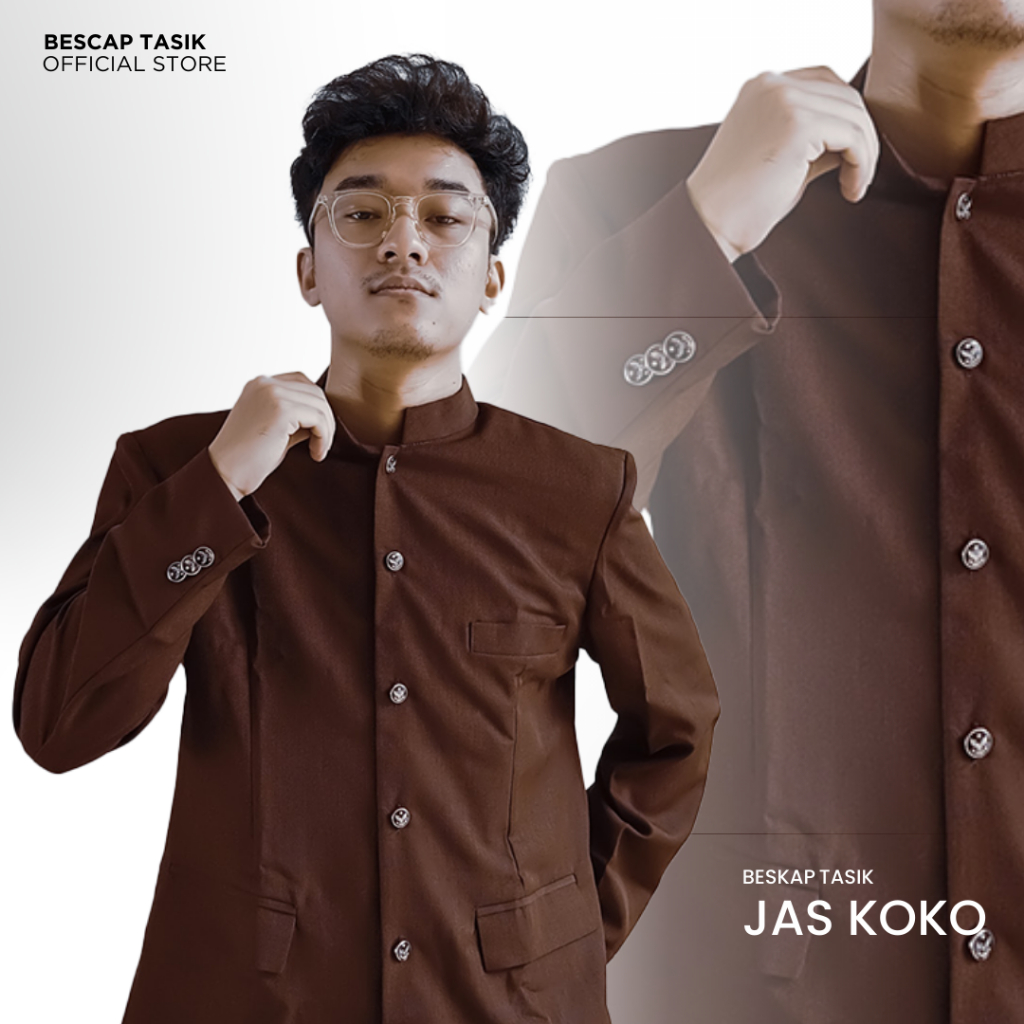 Jual Beskap Jas Koko Pria Muslim Premium Coklat Tua Polos Saku Tutup ...