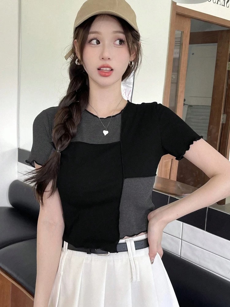 Jual Women Crop Top Two Color Round Neck Short Sleeve 1802 (S/M/L ...