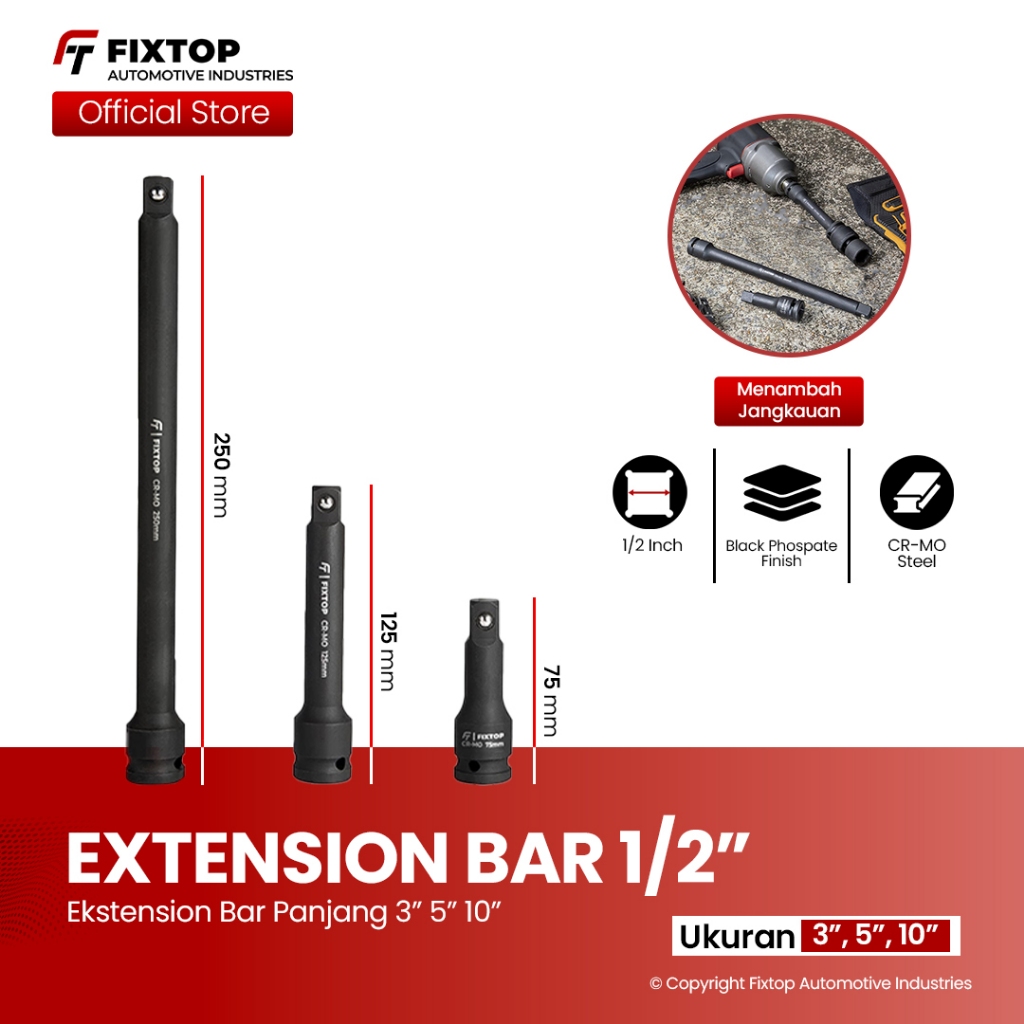 Jual FIXTOP Extension Bar Panjang 3” 5” 10” Kunci Shock Hitam 1/2 ...