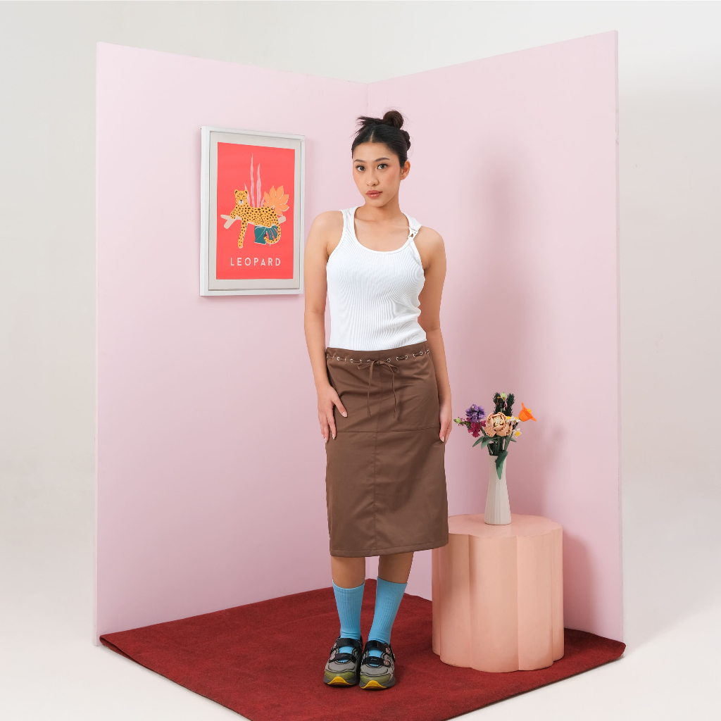 Jual House of KYNY - Sola Drawstring Midi Skirt Brown | Rok Midi A-Line ...