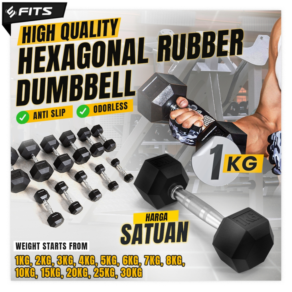 Jual FITS High Quality Hexagonal Rubber Dumbbell 1Kg | Barbel Dumbell ...