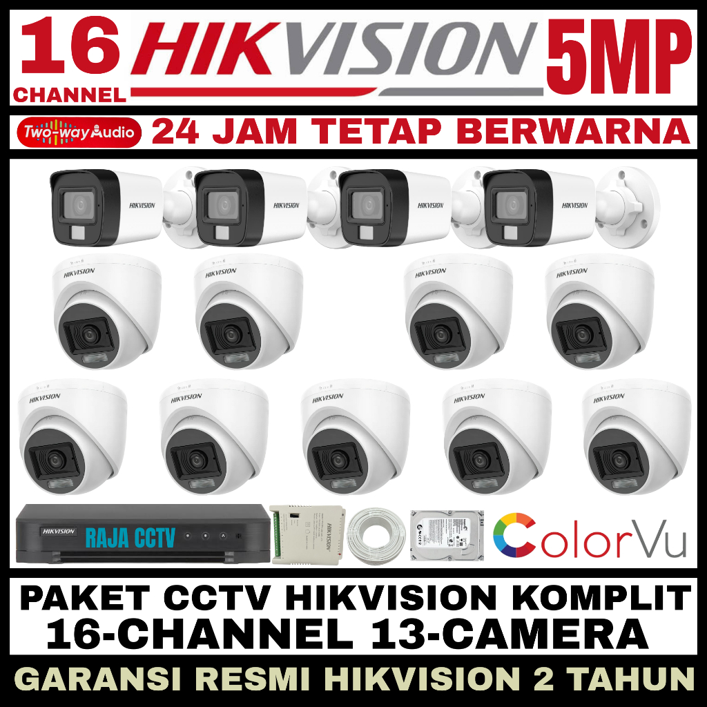 Jual paket cctv hikvision 5mp colorvu 16 channel 13 camera two way ...