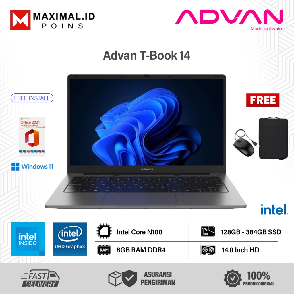Jual Laptop Advan TBook 1405 Intel N100 Ram 8GB 384GB SSD 14 Inch HD ...