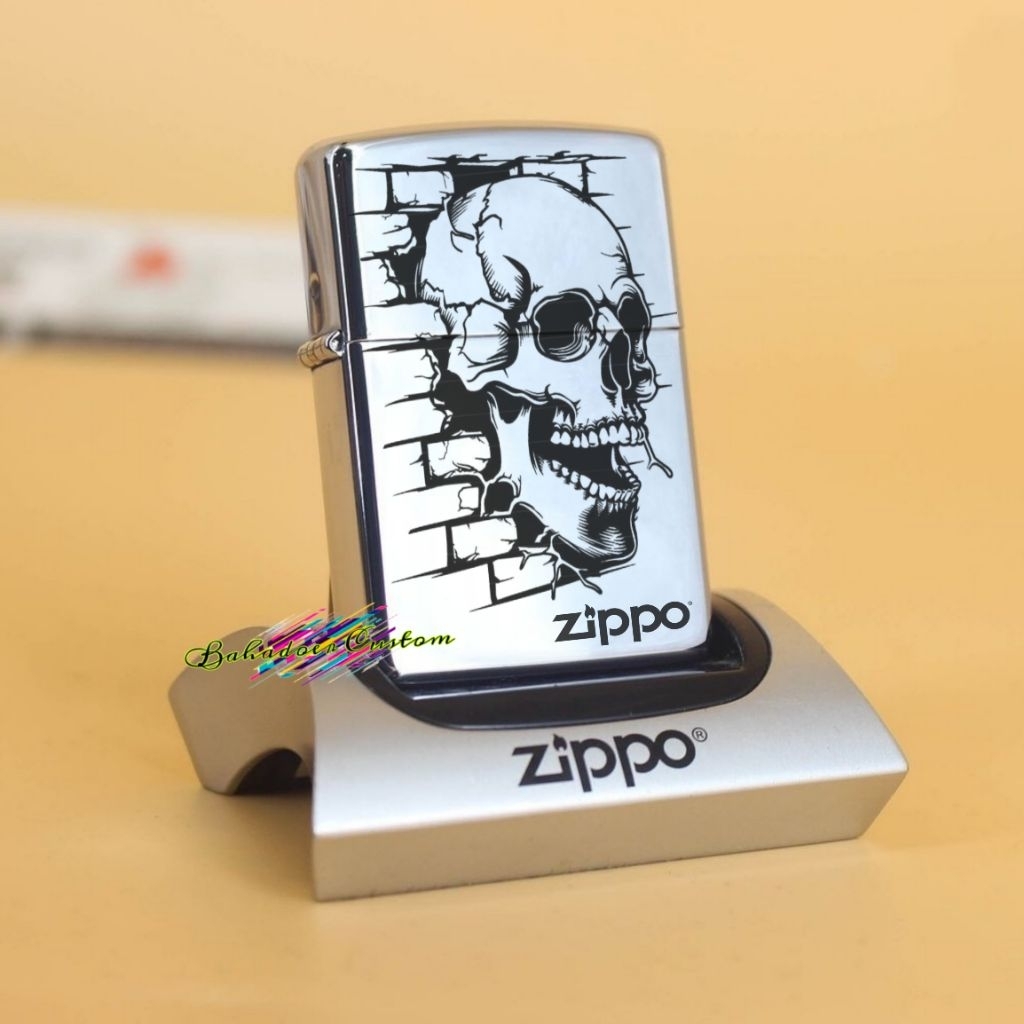 Jual KOREK API ZIPPO SILVER CHROME CUSTOM GRAFIR WALL SKULL DESIGN BISA ...