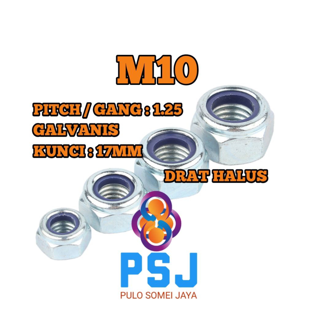 Jual Mur Nylon M10 x 1.25 Halus Kunci 17 / Lock Nut Galvanis M10 Halus ...