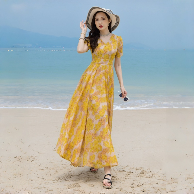 Jual Dress Pantai Wanita | Floral Dress Kuning Gold | Chiffon Dress ...