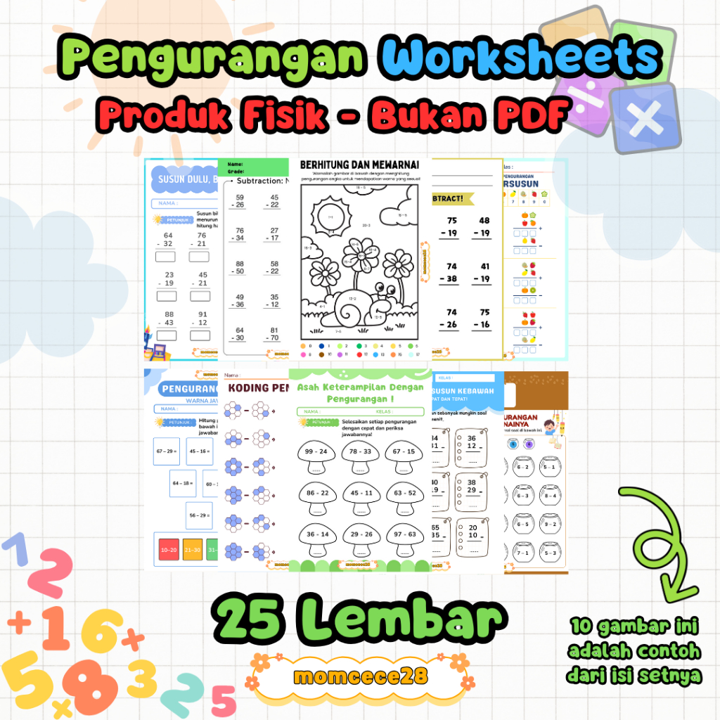 Jual PENGURANGAN WORKSHEET - LEMBAR BELAJAR BERWARNA >BUKAN PDF (HARD COPY)
