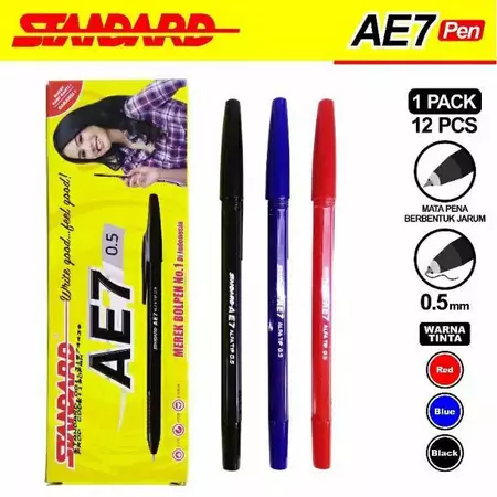 Jual Pulpen Standart AE7 Bolpoint Bulpen Hitam, Merah, Biru ORI (1 PACK ...