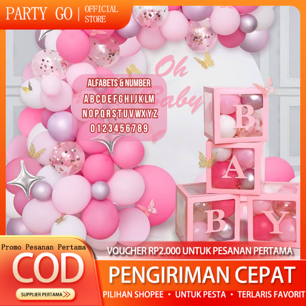 Jual Kotak Balon Transparan Warna Pink Alfabet Huruf A-Z & Angka 0-9 ...