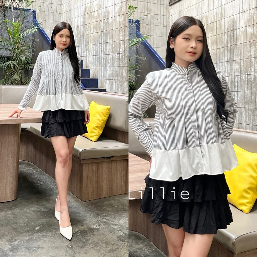 Jual Lillie - Kemeja Stripe Kombinasi Viral Lumy Top Wanita Atasan Baju ...