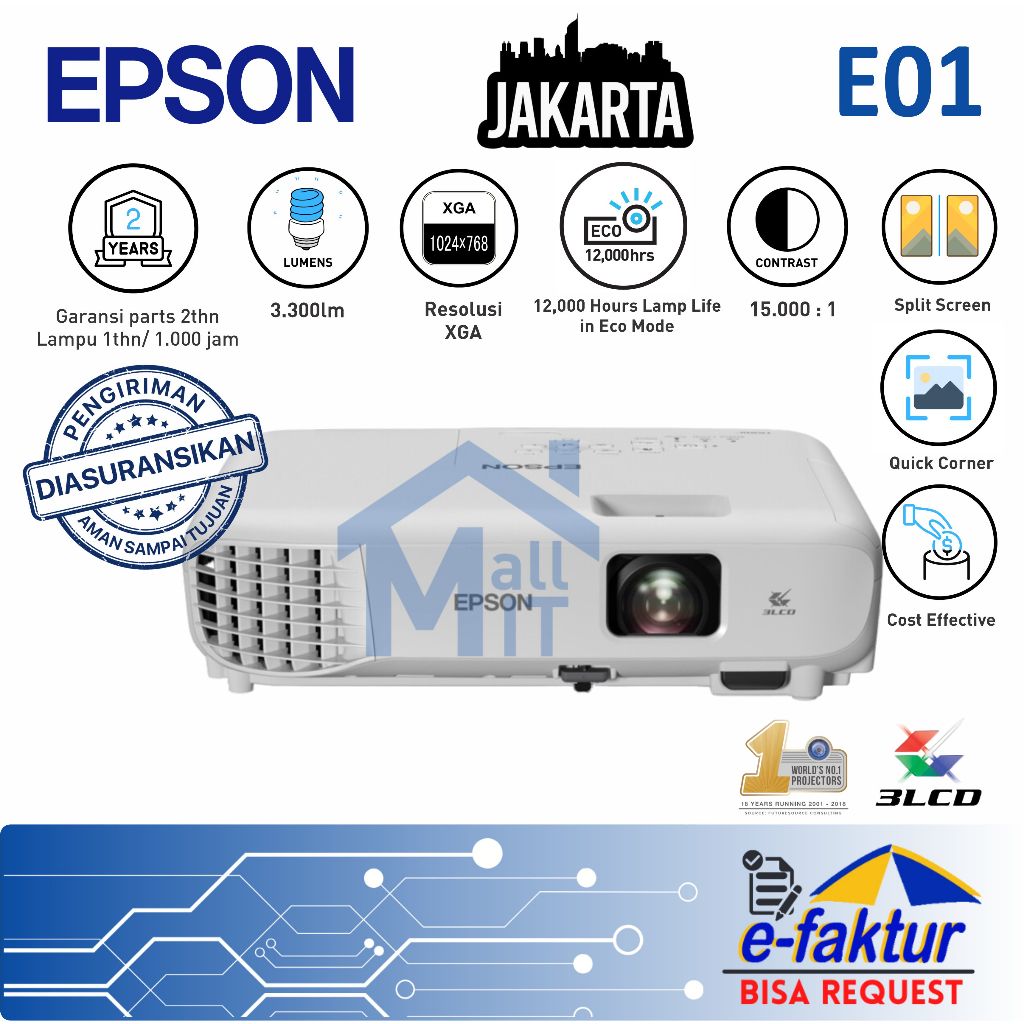 Jual MALLIT EPSON Proyektor EPSON EB-E01 EBE01 EB E01 XGA 3LCD 3300 Lumens Split Screen ...