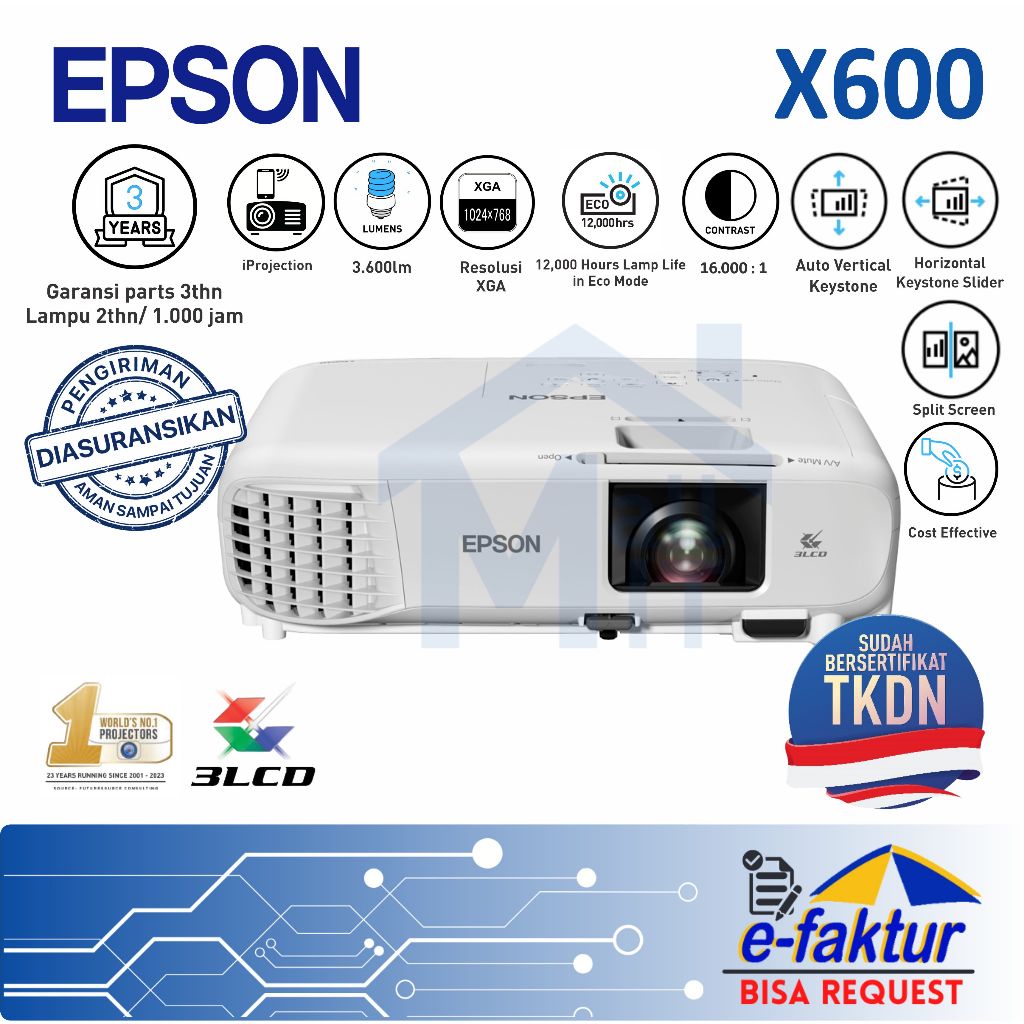 Jual MALLIT EPSON Proyektor EPSON EB-X600 EBX600 EB X600 XGA 3LCD 3600 Lumens TKDN Split Screen ...