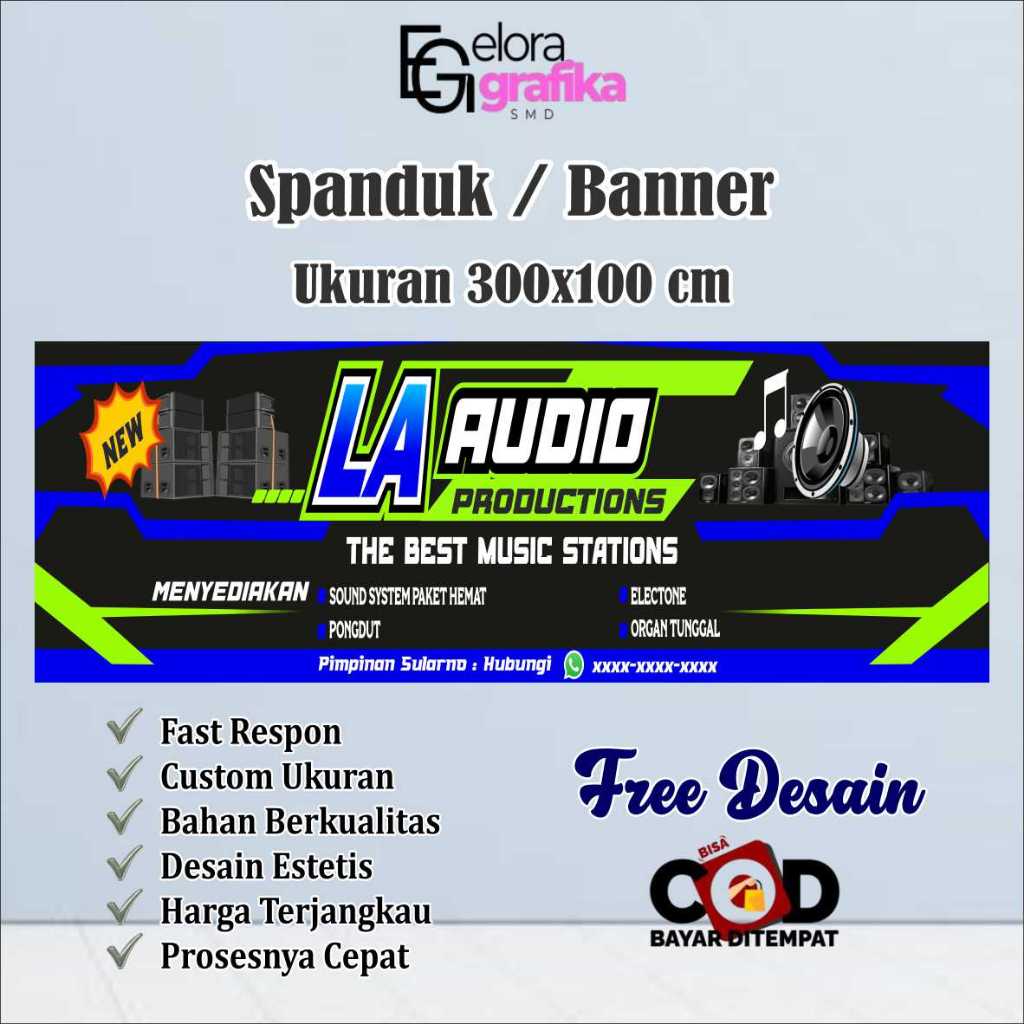 Jual Spanduk Banner Ukuran 300x100 Cm LA Audio Free Custom Desain ...
