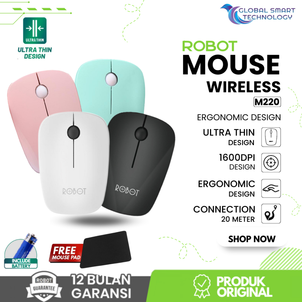Jual [FREE Mousepad] ROBOT M220 Mouse Wireless USB 1600 DPI 2.4G PC ...
