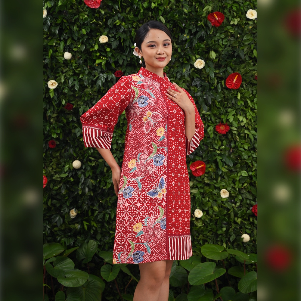Jual NONA RARA - Dress Lesi Encim Merah Putih D0549, Baju kerja batik ...