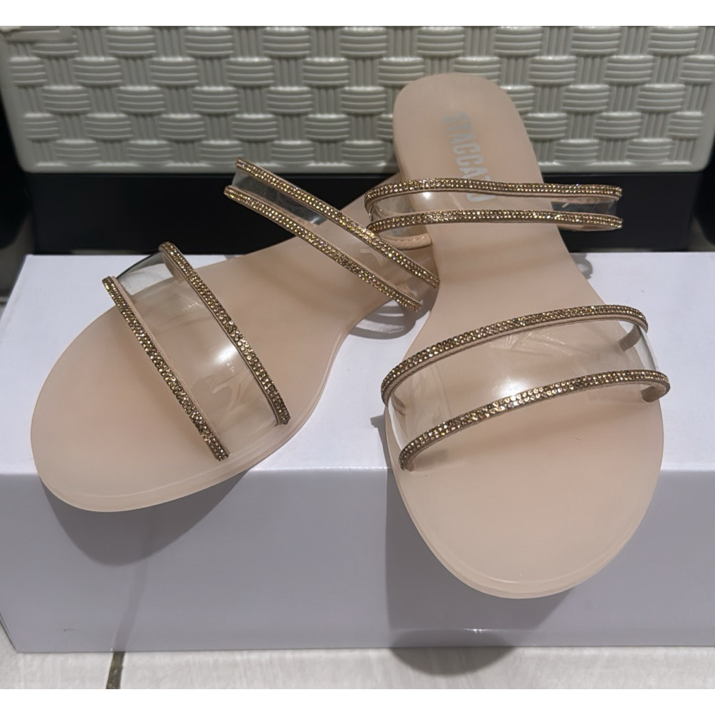 Jual staccato flat sandals jelly pink rosegold new | Shopee Indonesia