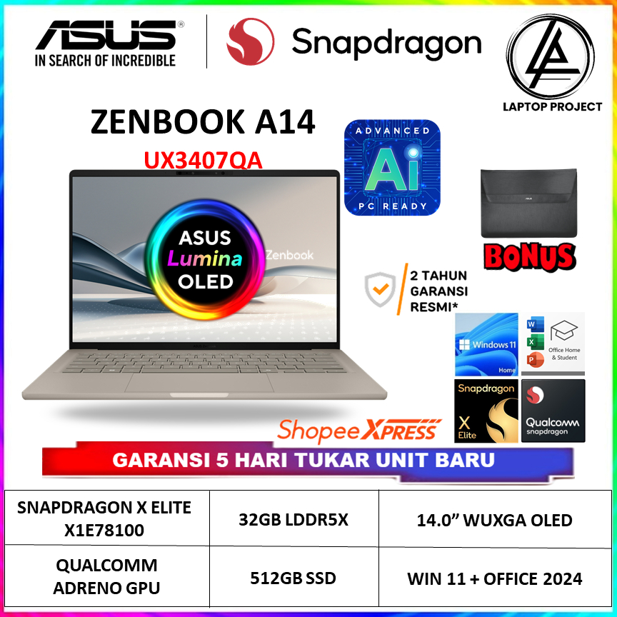Jual Asus Zenbook A14 OLED UX3407RA Snapdragon X Elite X1E78100 32GB ...