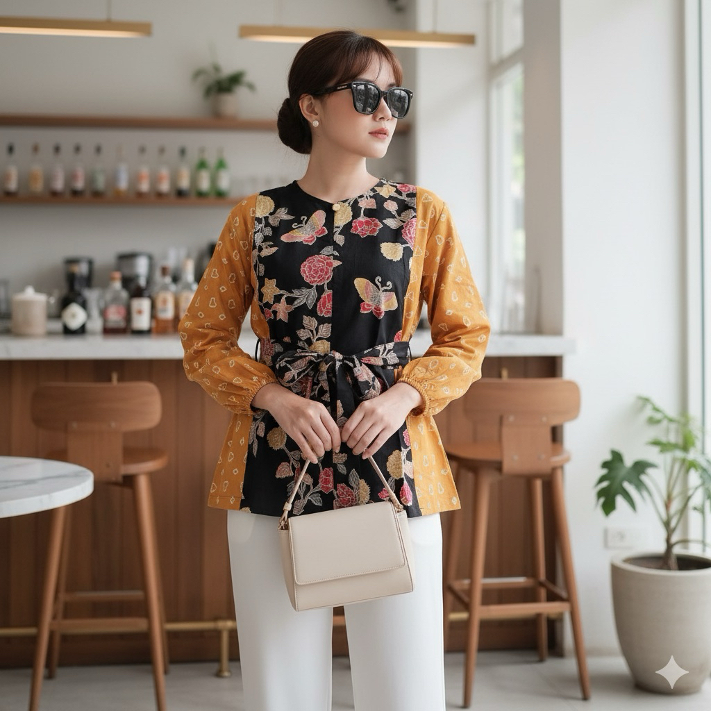 Jual Shanaya Baju Batik Wanita Blus Batik Cap Kombinasi printing Blus ...